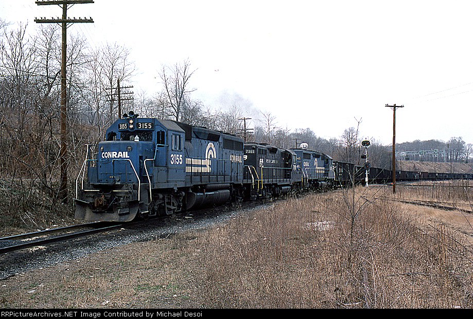 CR GP-40 #3155 leads a coal train up the Belmont connector